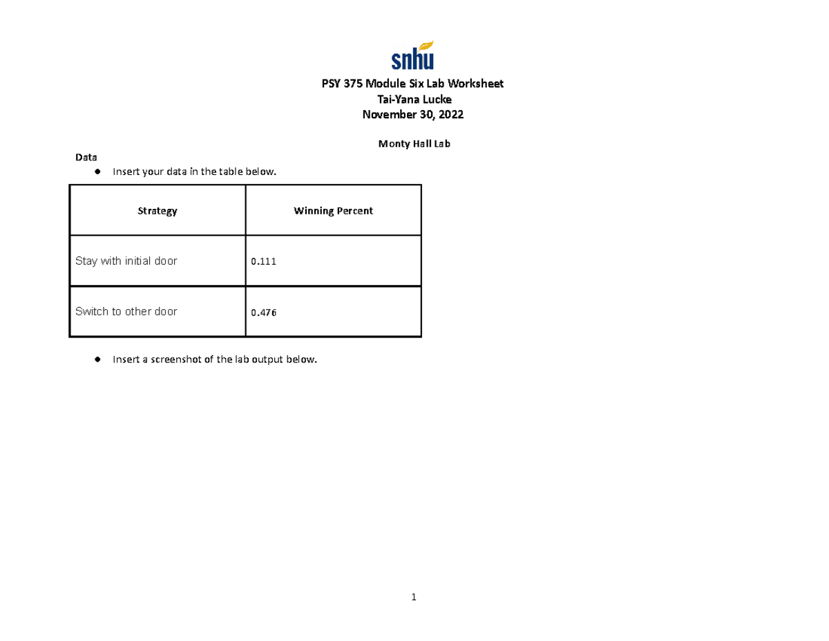 PSY 375 Module Six Lab Worksheet - PSY 375 Module Six Lab Worksheet Tai ...