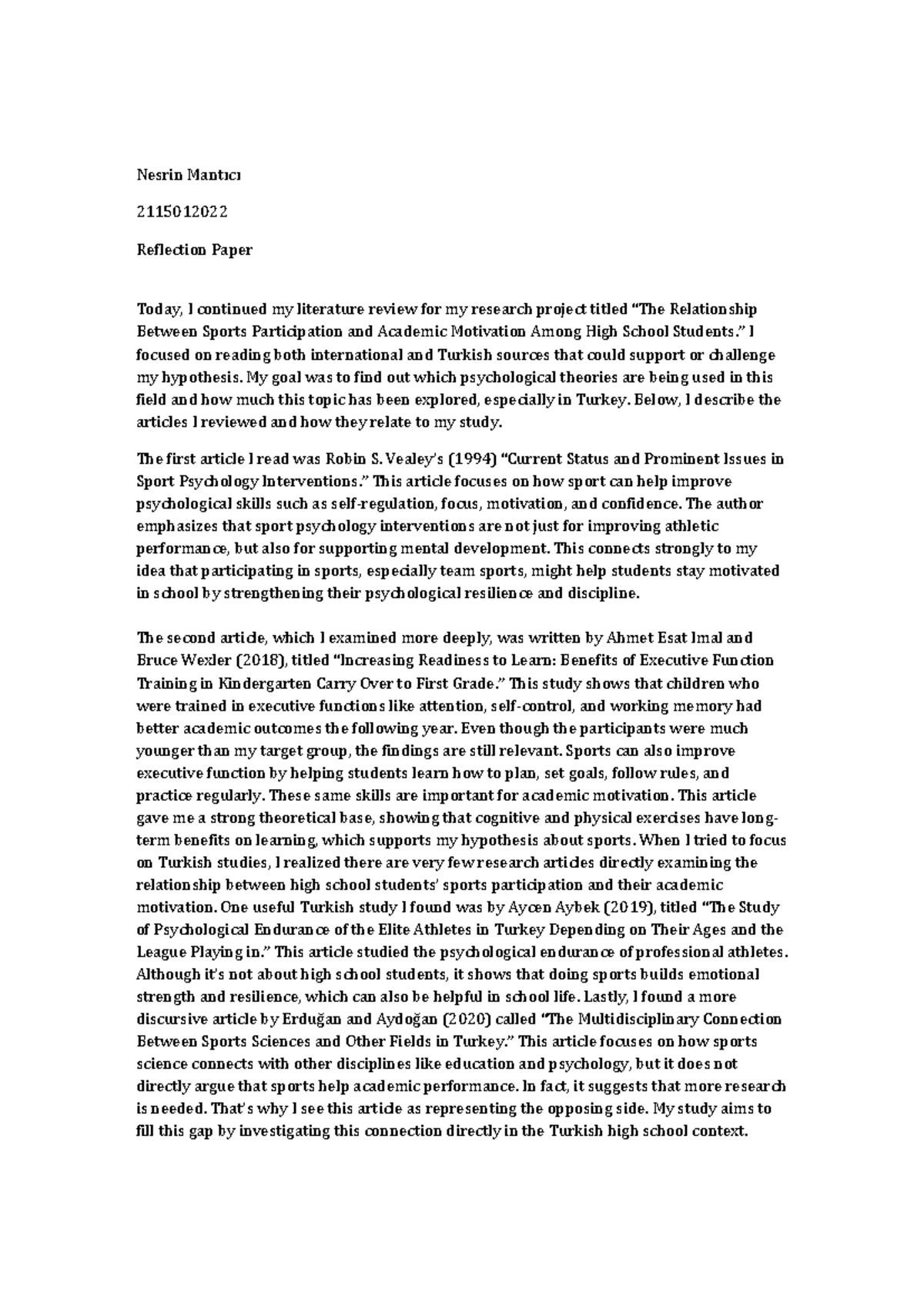 Reflection Paper on Sports Participation & Academic Motivation ...
