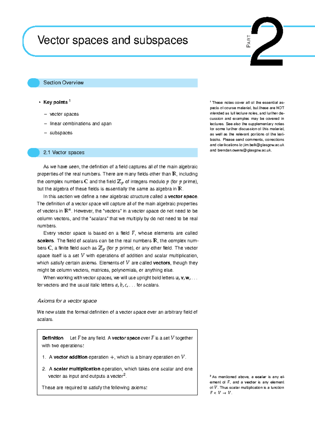 PA RT 2: Vector Spaces & Subspaces - Summary Week 2 Lecture Notes - Studocu