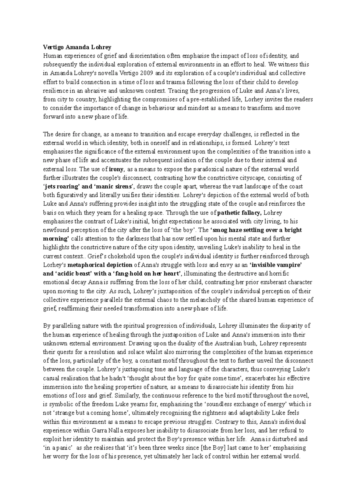 Analysis of Themes in "Vertigo" by Amanda Lohrey - Common Module - Studocu