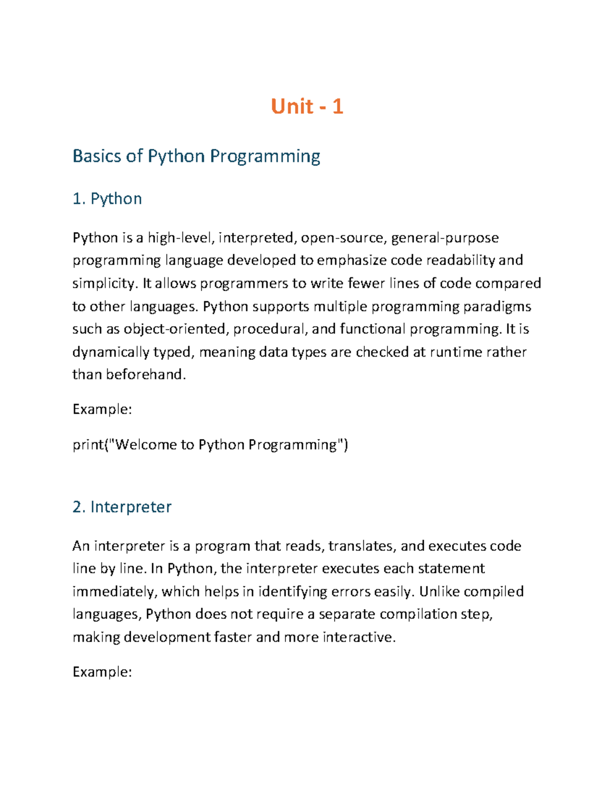 PPS 1: Unit 1 - Basics of Python Programming Overview - Studocu