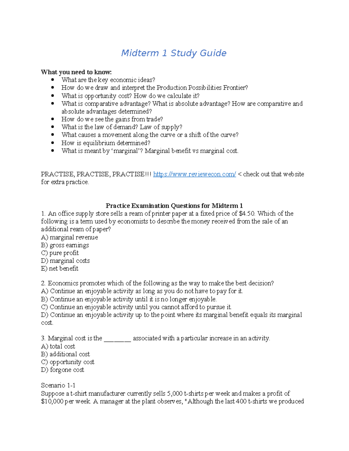 Economics 101: Midterm 1 Study Guide & Practice Questions - Studocu
