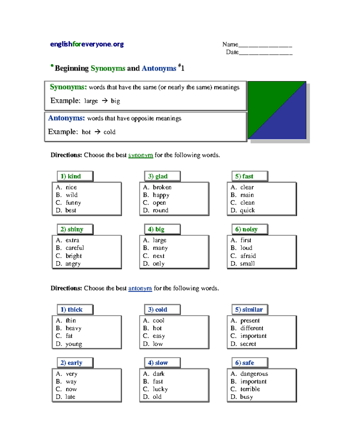 ENG101: Beginning Synonyms and Antonyms Practice Exercises - Studocu