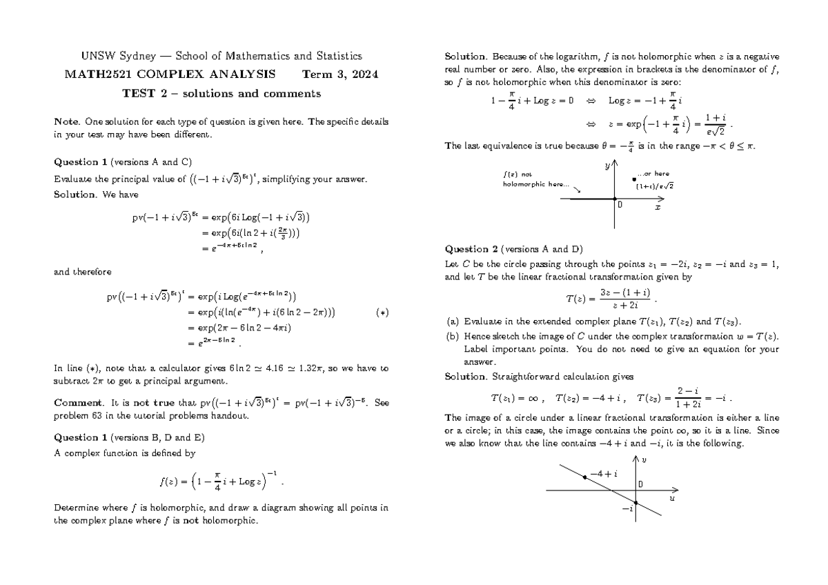 MATH2521 Complex Analysis Term 3, 2024 Test 2 Solutions - Studocu