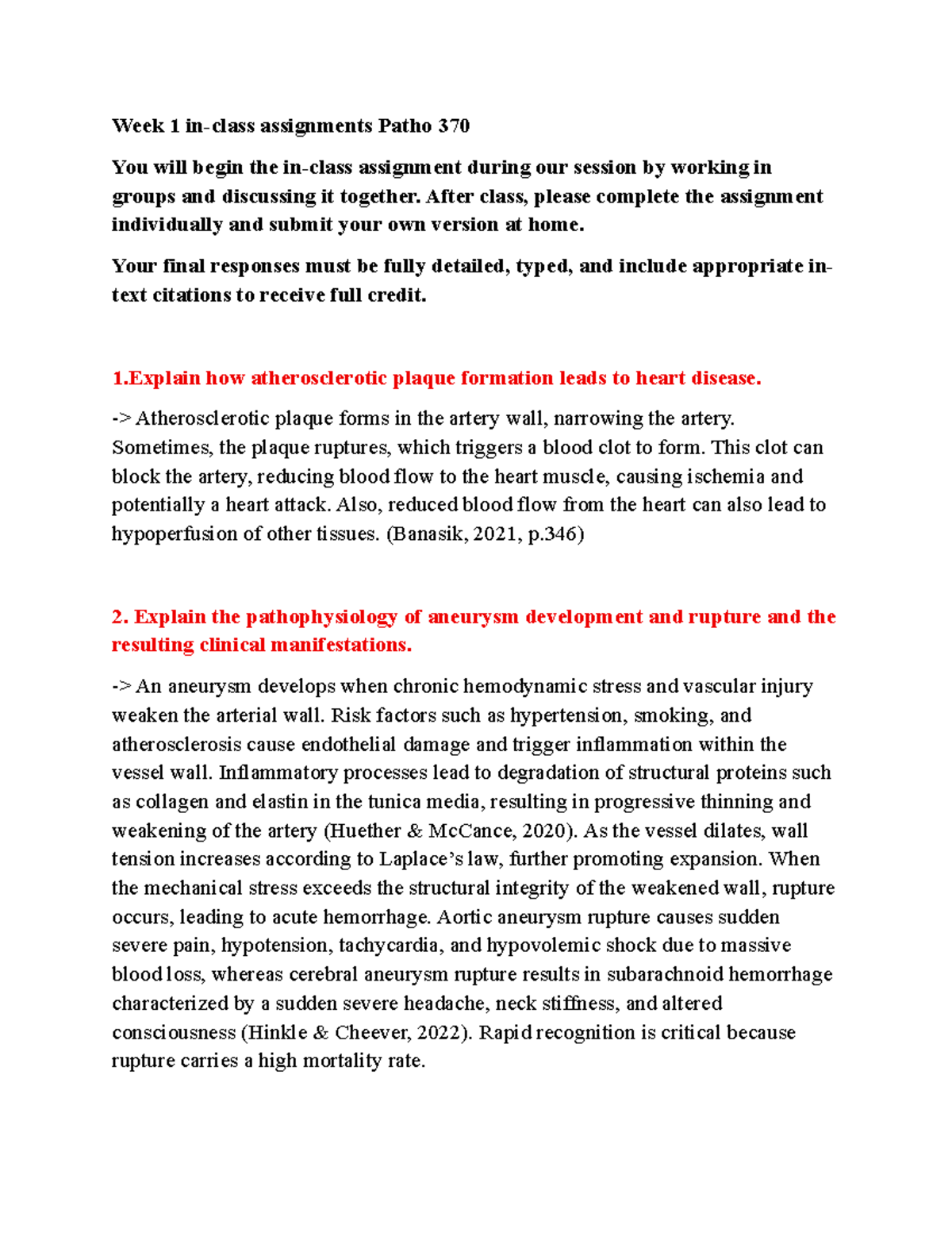 Patho 370 Week 3 In-Class Assignment: Heart Disease & Heart Failure ...
