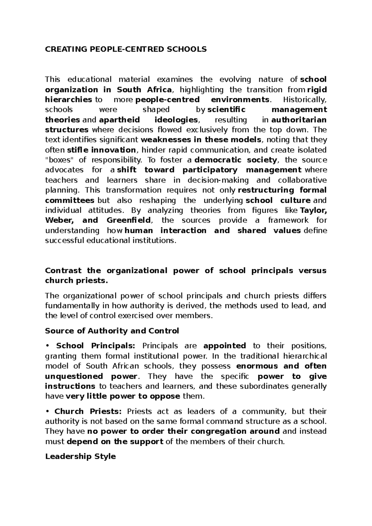 Creating People - EDM31: Transforming School Organization in SA - Studocu