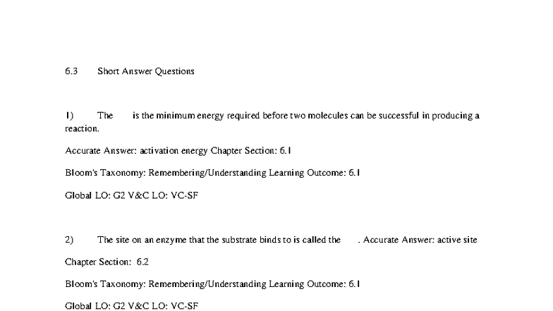 Biology 101: Short Answer Questions on Enzymes and Reactions - Studocu