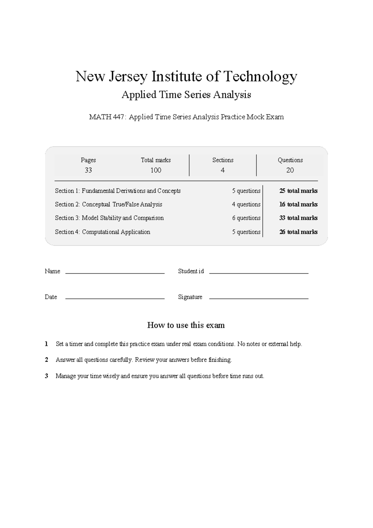 MATH 447: Applied Time Series Analysis Practice Mock Exam 2026 - Studocu