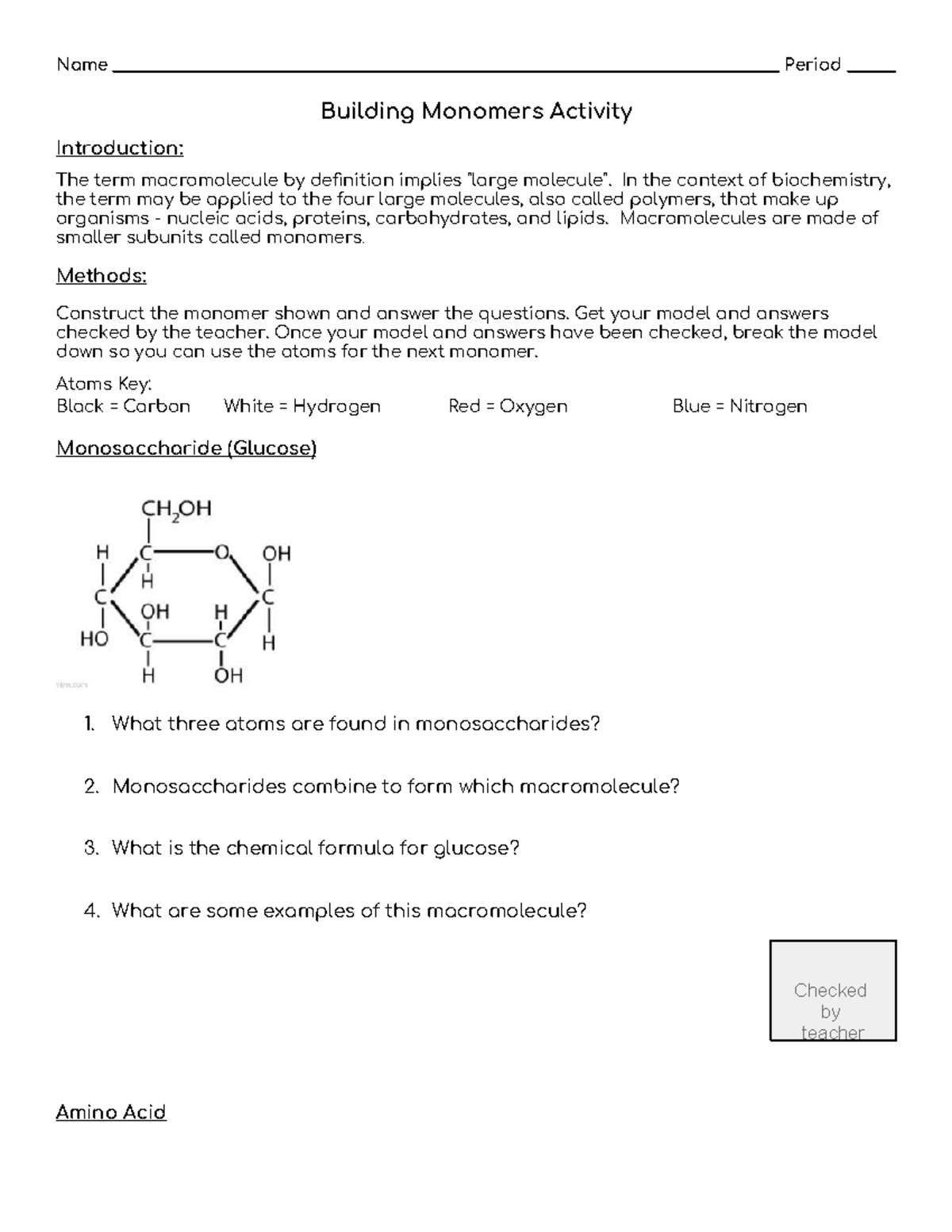 Building Monomers Activity: Understanding Macromolecules in ...