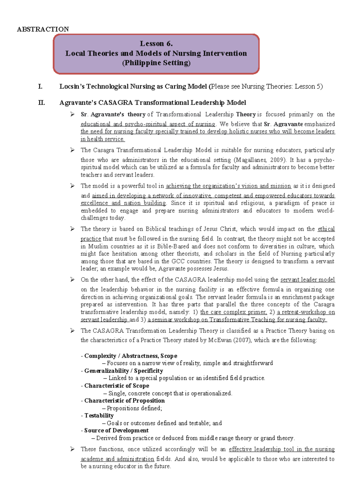 ABSTRACTION Lesson 6: Local Nursing Theories & Models in the PH - Studocu