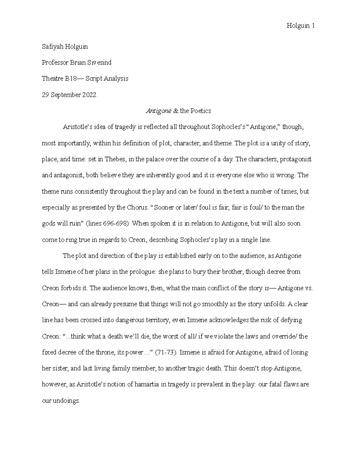 Antigone analysis - Safiyah Holguin Professor Brian Sivesind Theatre ...
