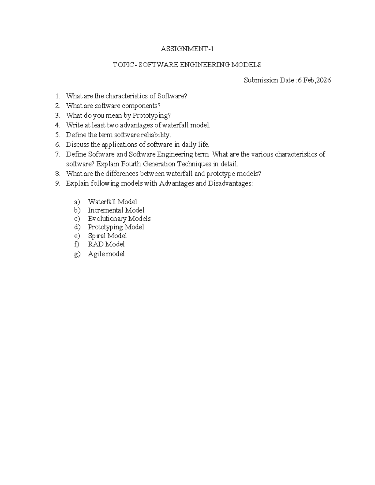 SOFTWARE ENGINEERING MODELS: Assignment Questions Overview - Studocu