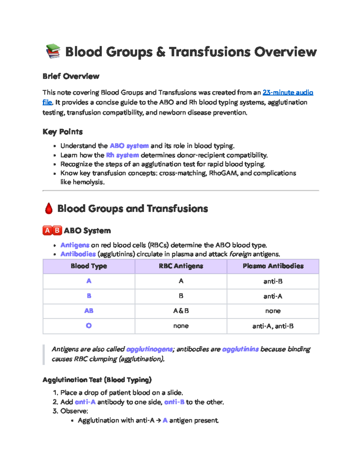 Blood Groups & Transfusions Overview - Studocu