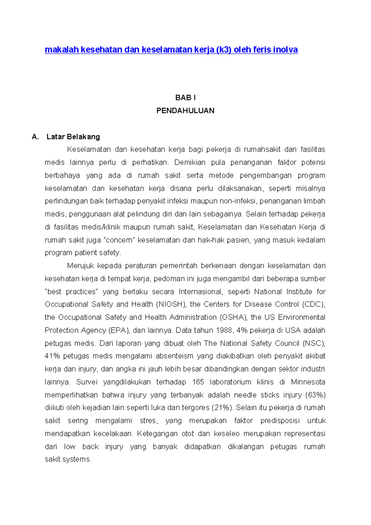 K3 RS 1: Keselamatan dan Kesehatan Kerja di Rumah Sakit - Studocu