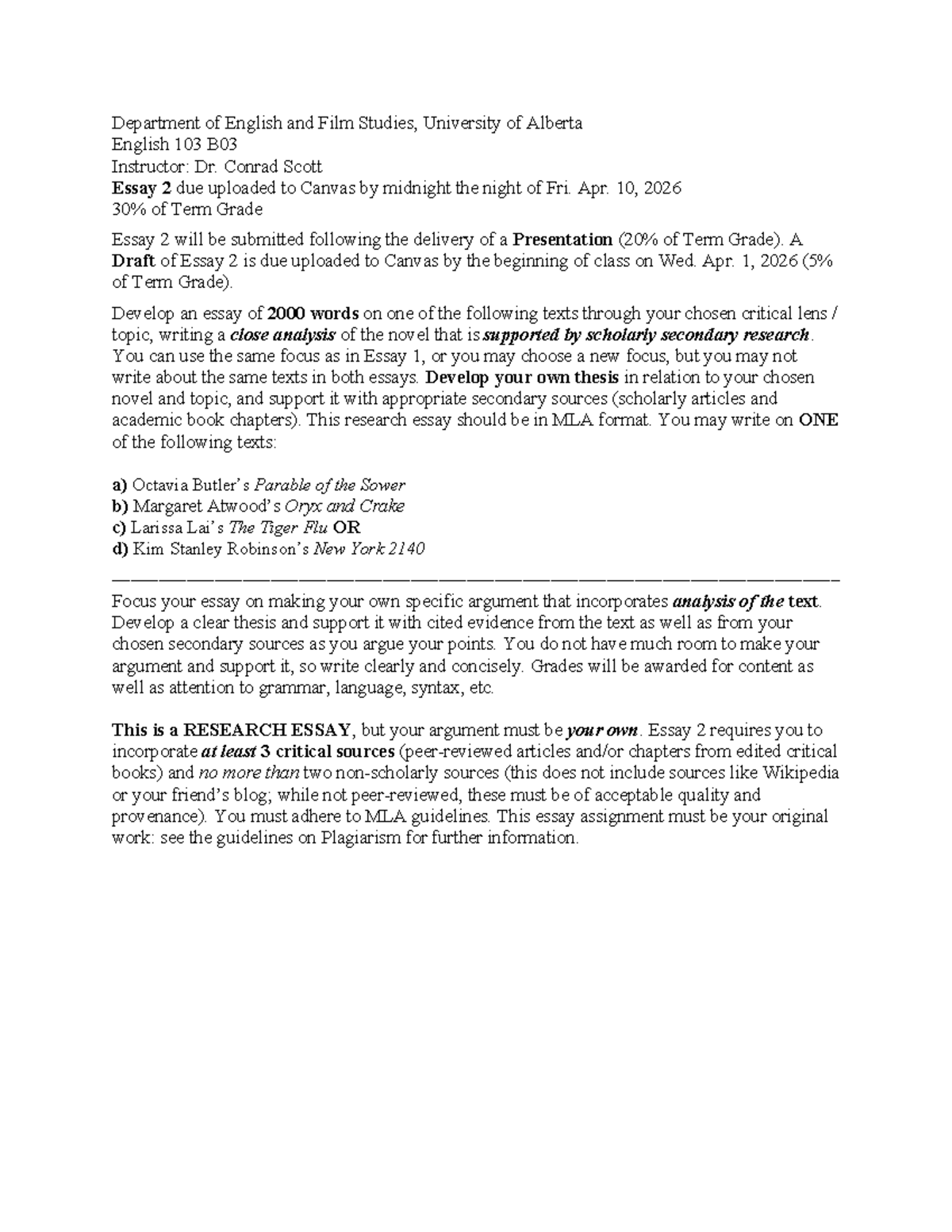 English 103 B03 Essay 2 Guidelines Due Apr 10 2026 Studocu