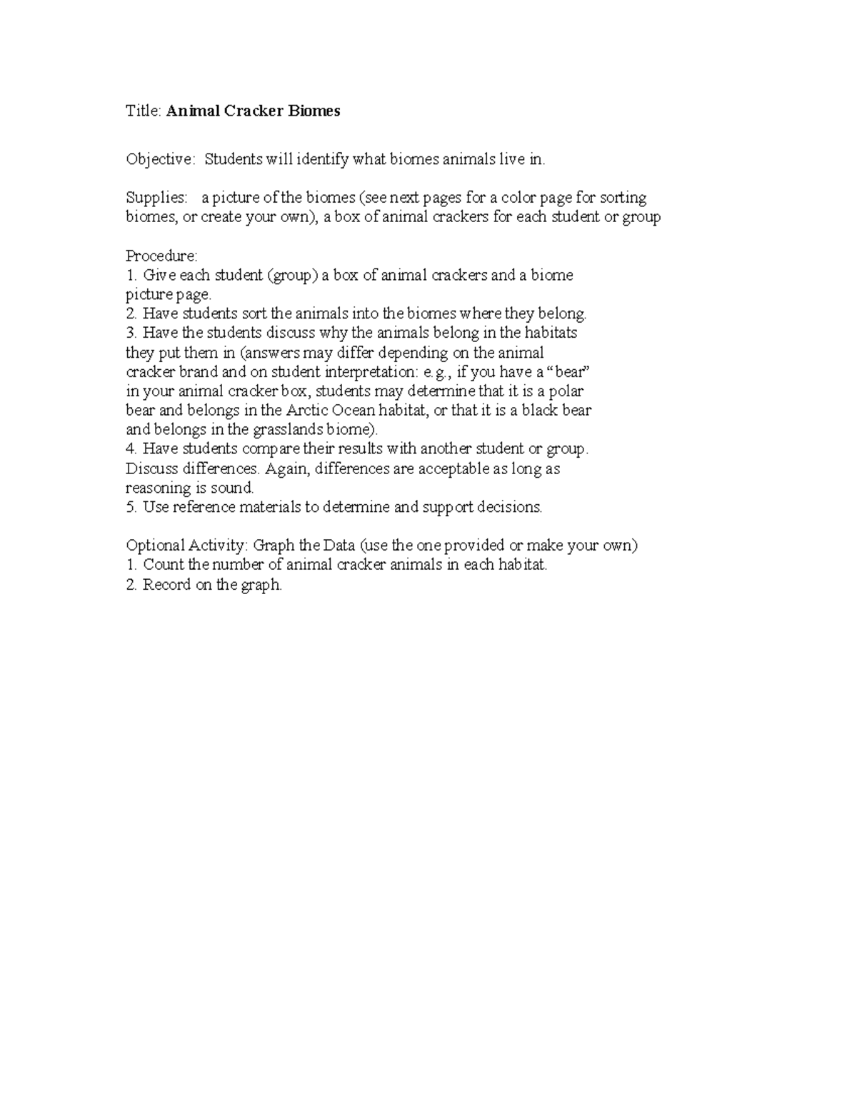 Animal Cracker Biomes Activity: Classifying Habitats & Species - Studocu