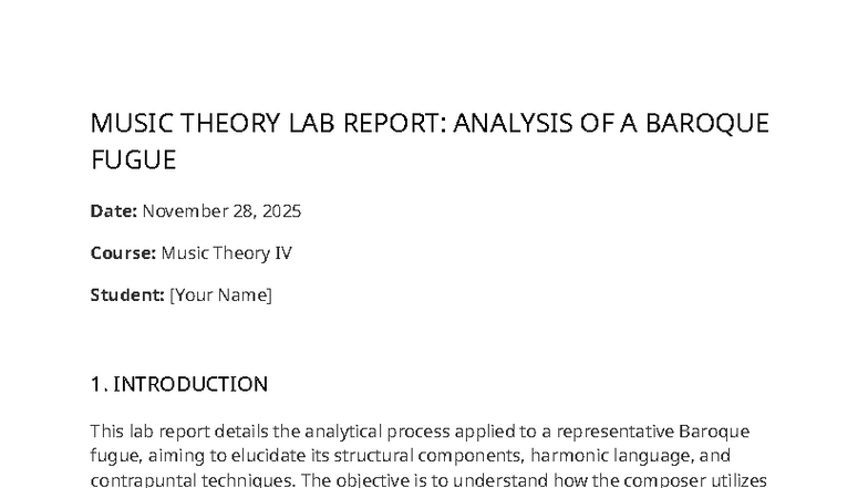 MUSIC THEORY IV LAB REPORT: BAROQUE FUGUE ANALYSIS - Studocu
