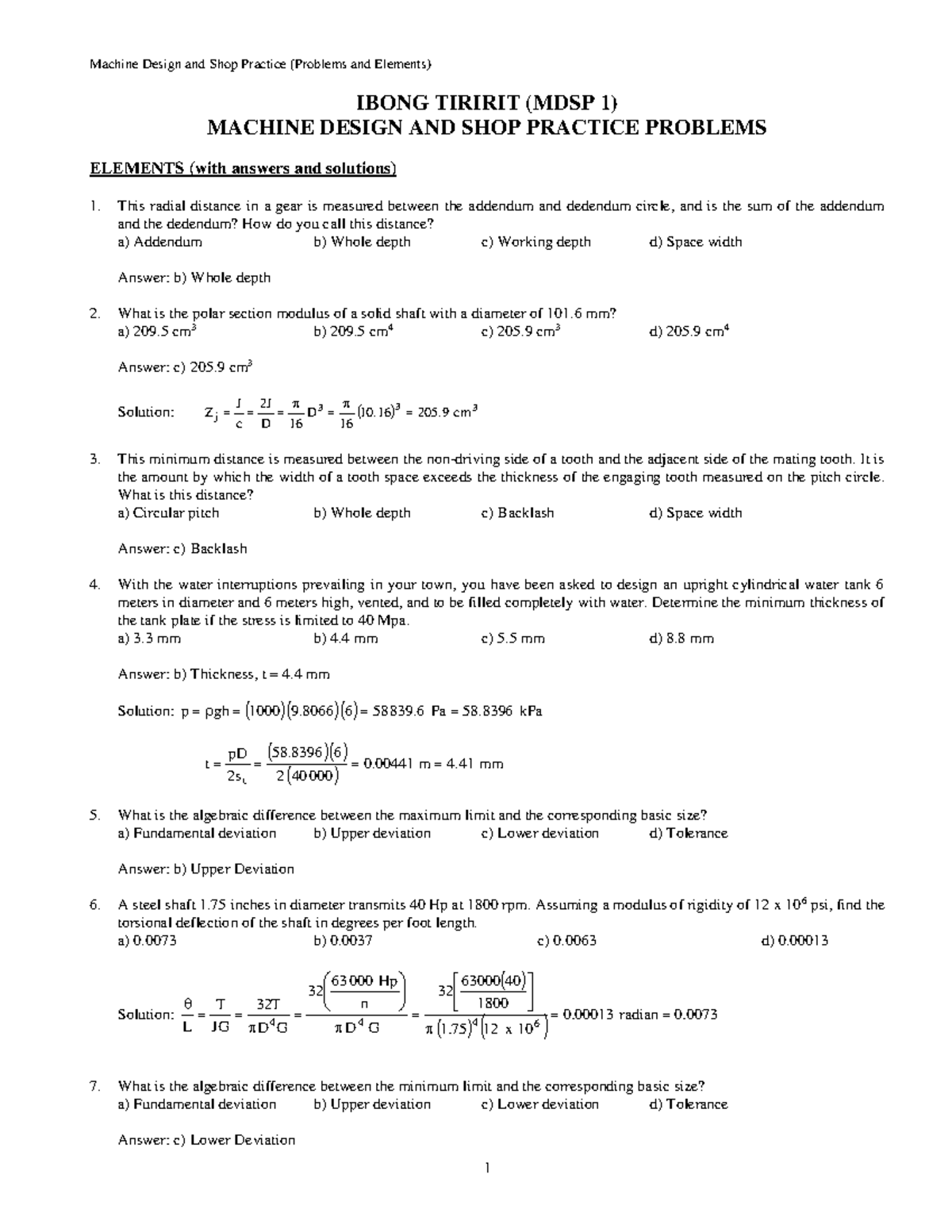 Machine Design and Shop Practice (MDSP 1) problems and solutions guide ...