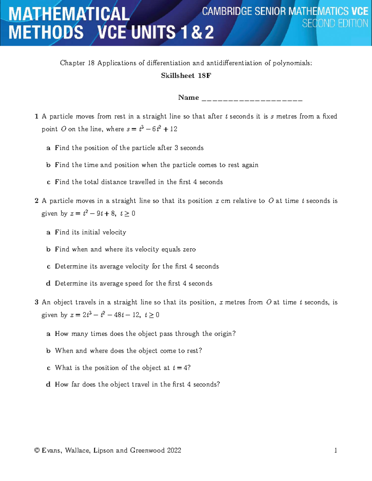 Chapter 18F Skillsheet: Applications of Differentiation ...
