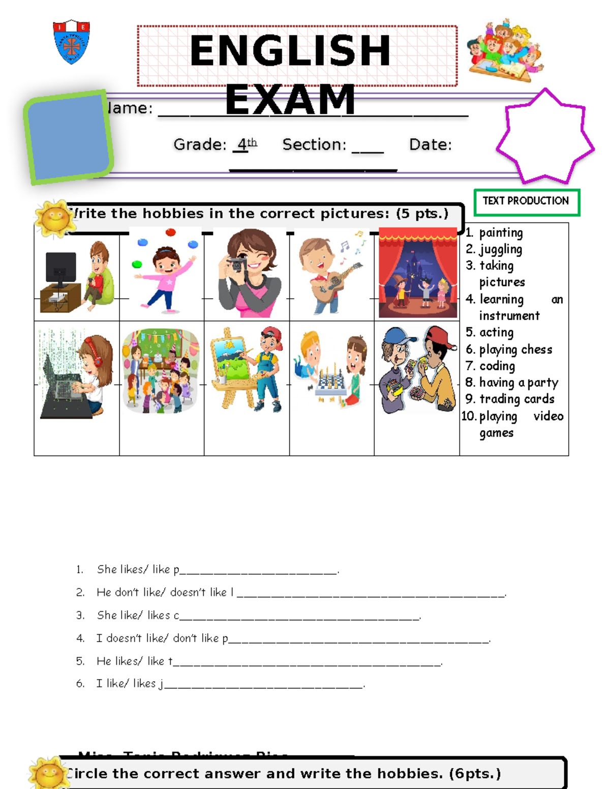 ENGLISH EXAM GRADE 4: Hobbies and Activities Assessment - Studocu