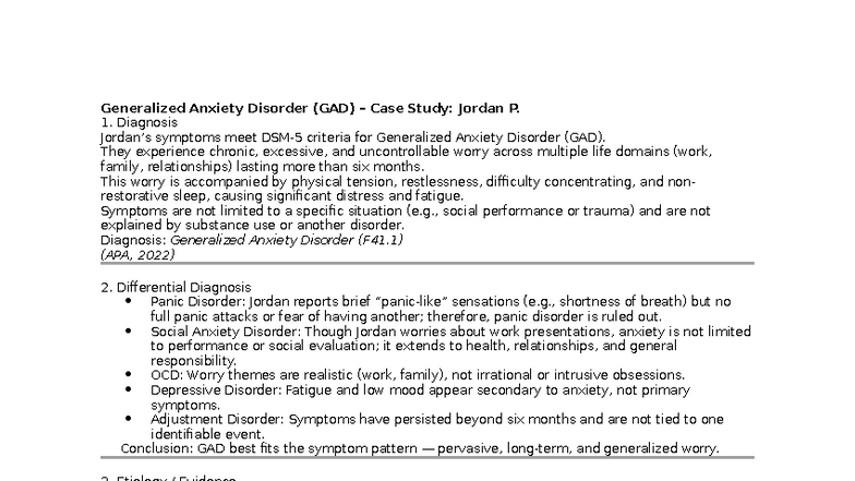GAD Case Study: Diagnosis, Etiology, and Treatment Approaches - Studocu