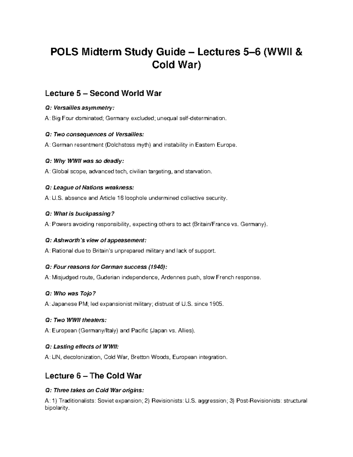 POLS Midterm Study Guide: Lectures 5-6 (WWII & Cold War) - Studocu