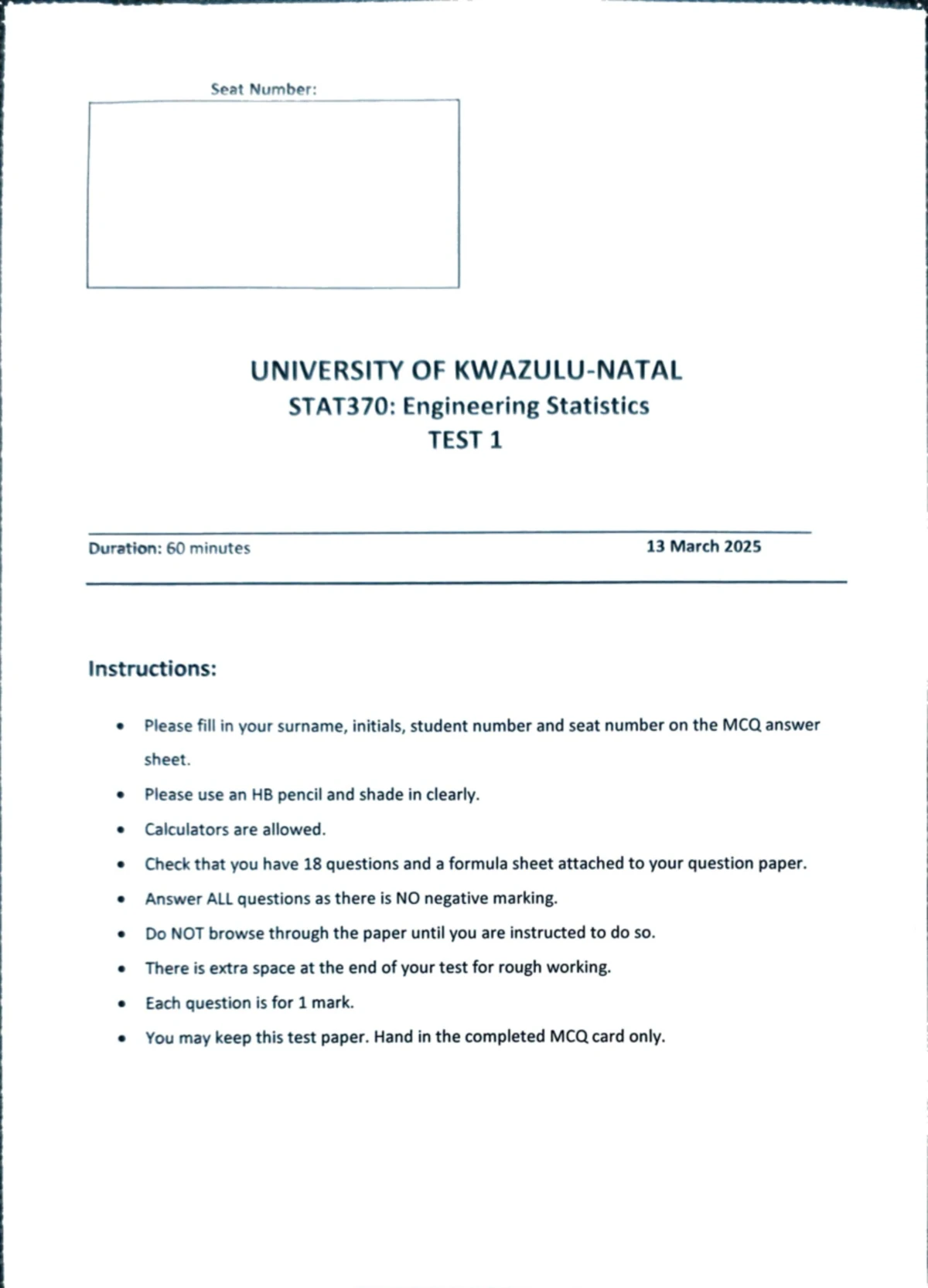 2018 STAT370 Engineering Statistics Test 1 - Instructions & Questions ...