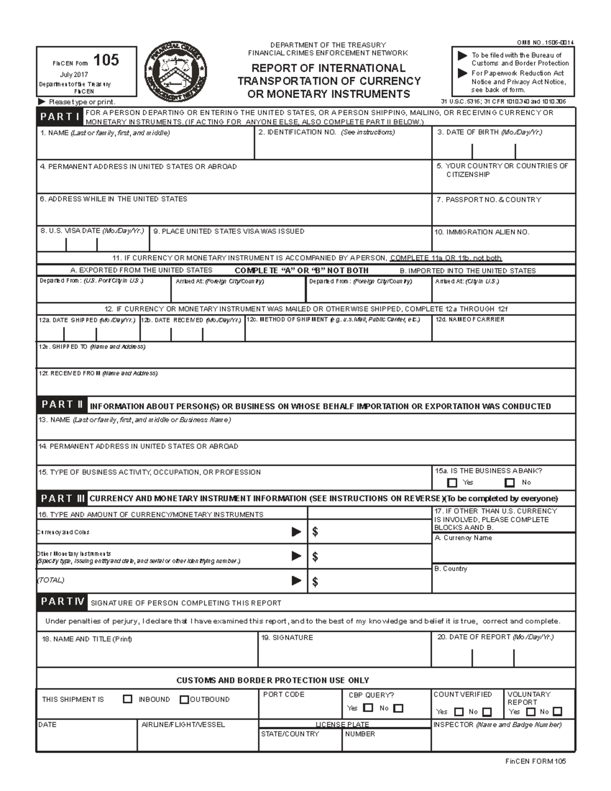 FinCEN Form 105: Report of International Currency Transportation - Studocu