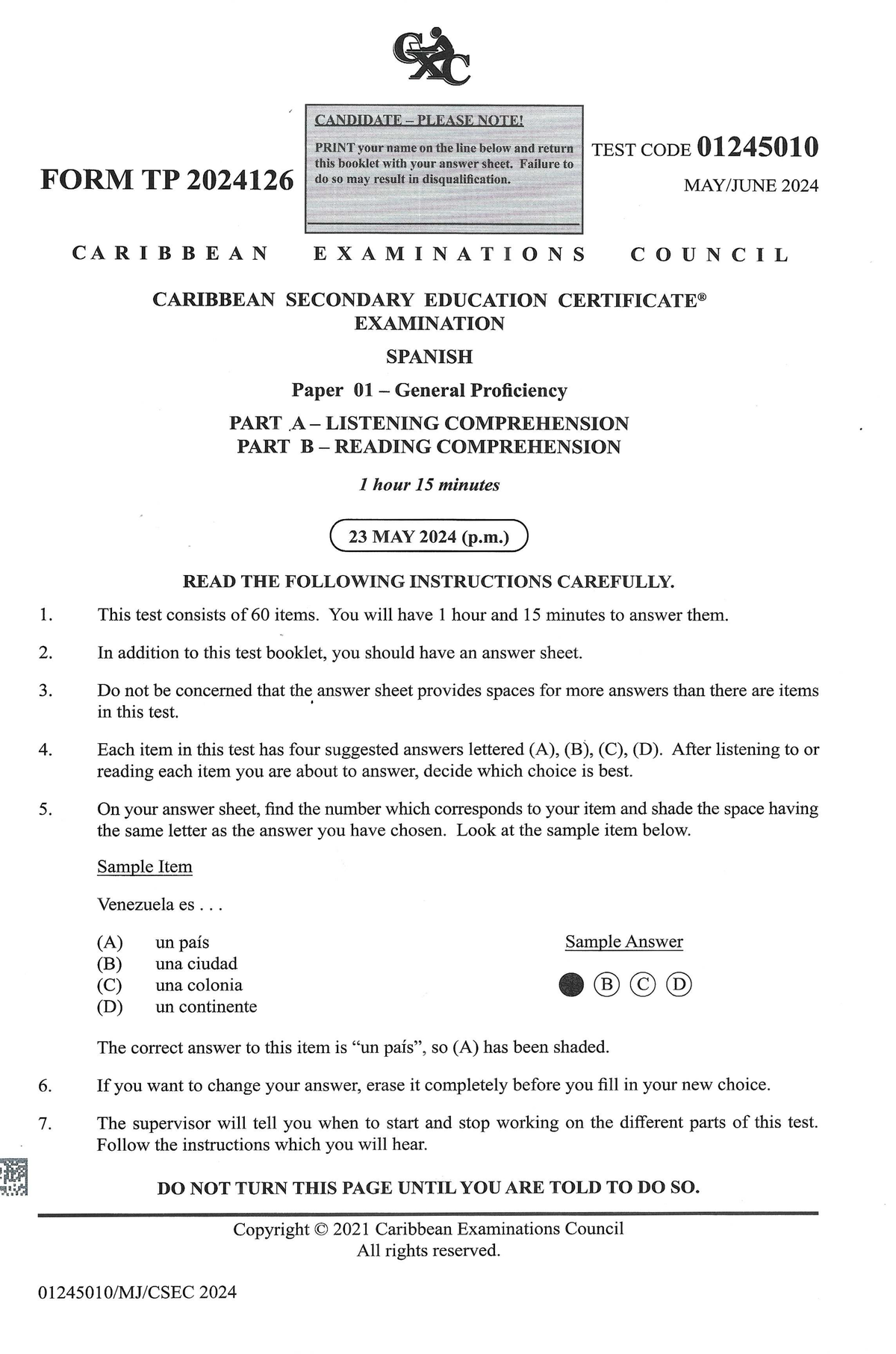 CSEC SPANISH MJ 2024 PAPER 01 - LISTENING & READING COMPREHENSION - Studocu