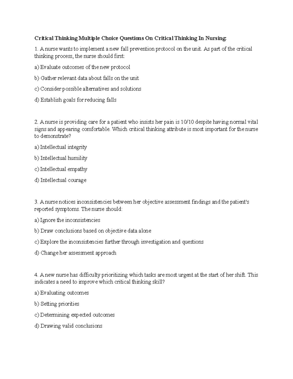 Critical Thinking MCQs for Nursing: Skills & Strategies - Studocu