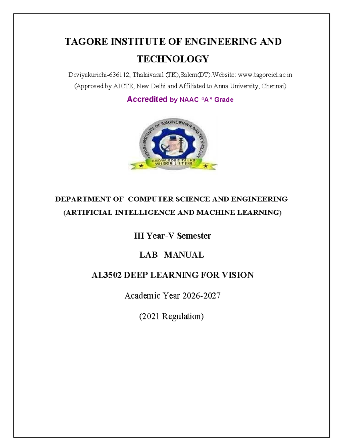 DLV Lab Manual AL3502: Deep Learning for Vision & Automation - Studocu