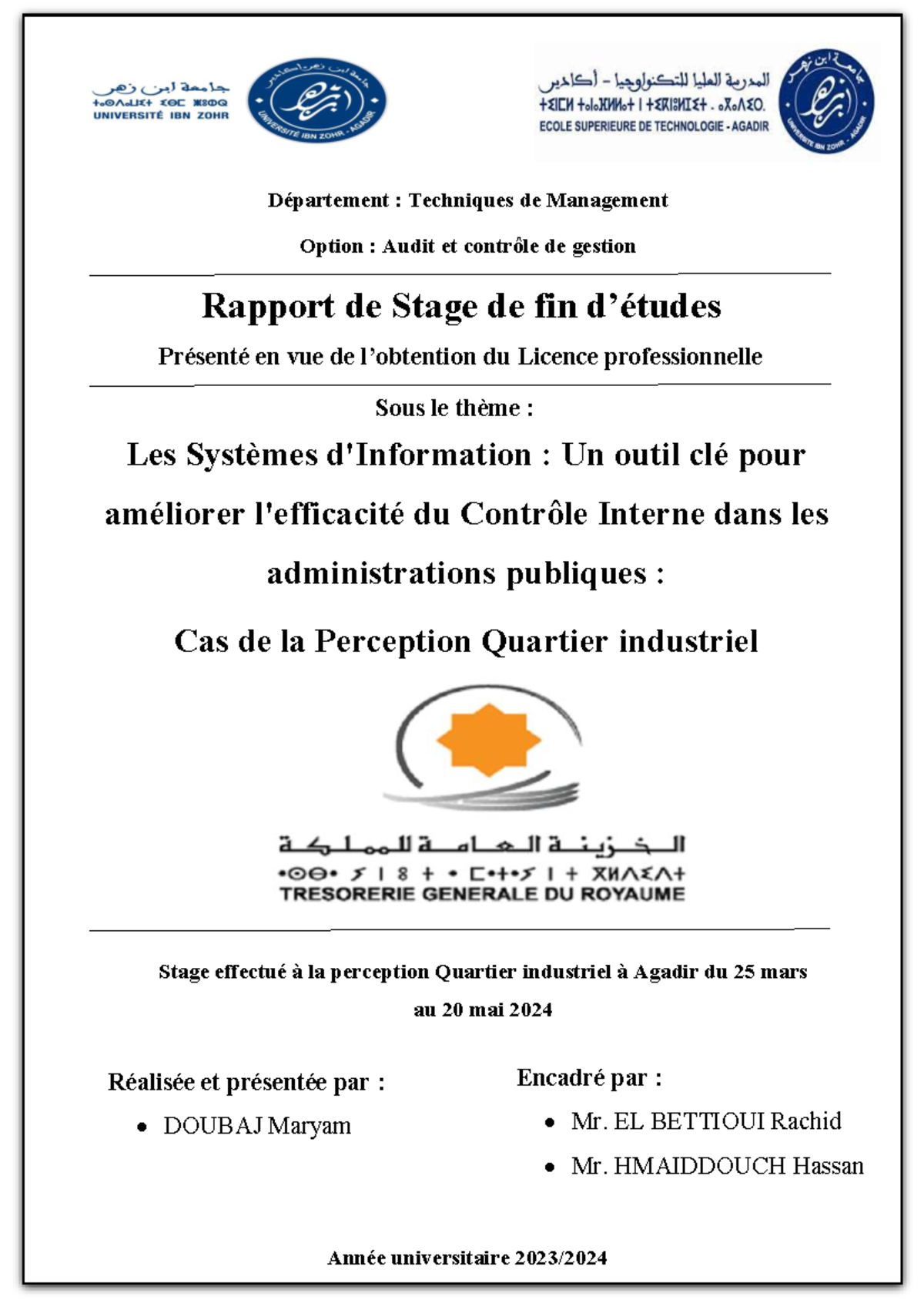 Rapport de stage de fin de Licence ACG : Amélioration du contrôle ...