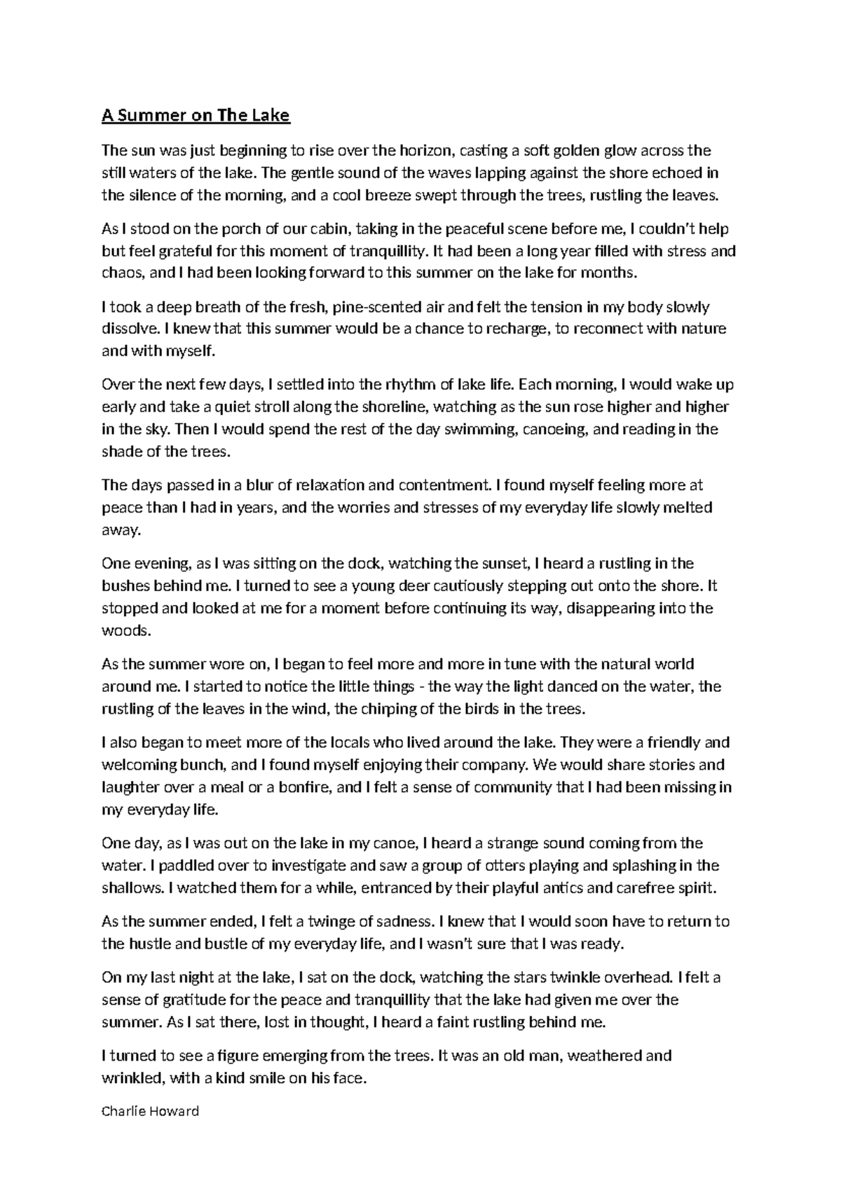 ENG 101 Creative Writing: A Summer Reflected by the Lake - Studocu