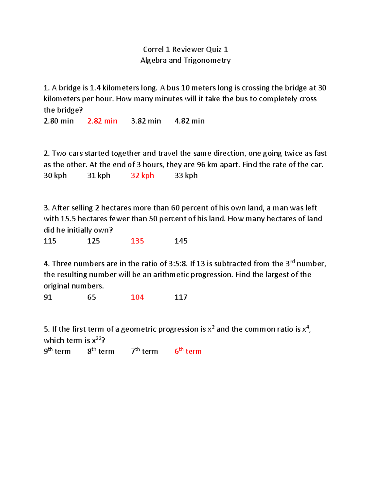 Correl 1 Reviewer Quiz 1: Algebra & Trigonometry Problems - Studocu