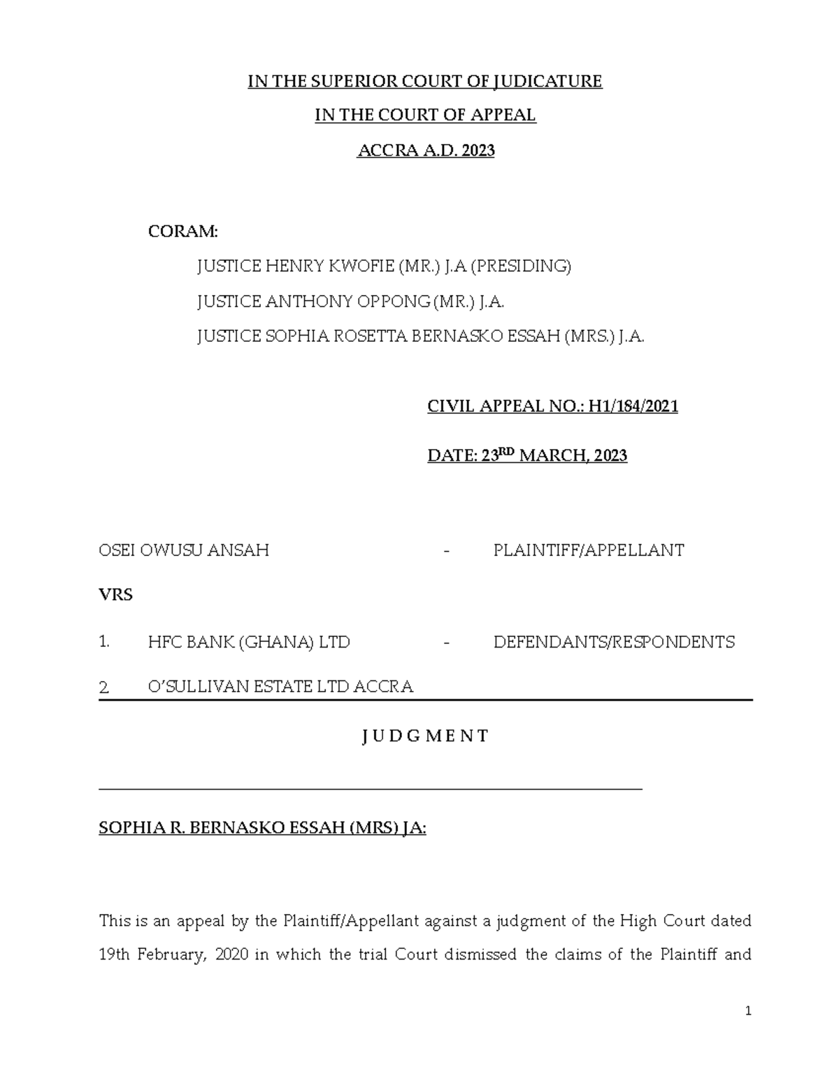 Osei Owusu Ansah v. HFC Bank (Ghana) Ltd: Civil Appeal Judgment ...