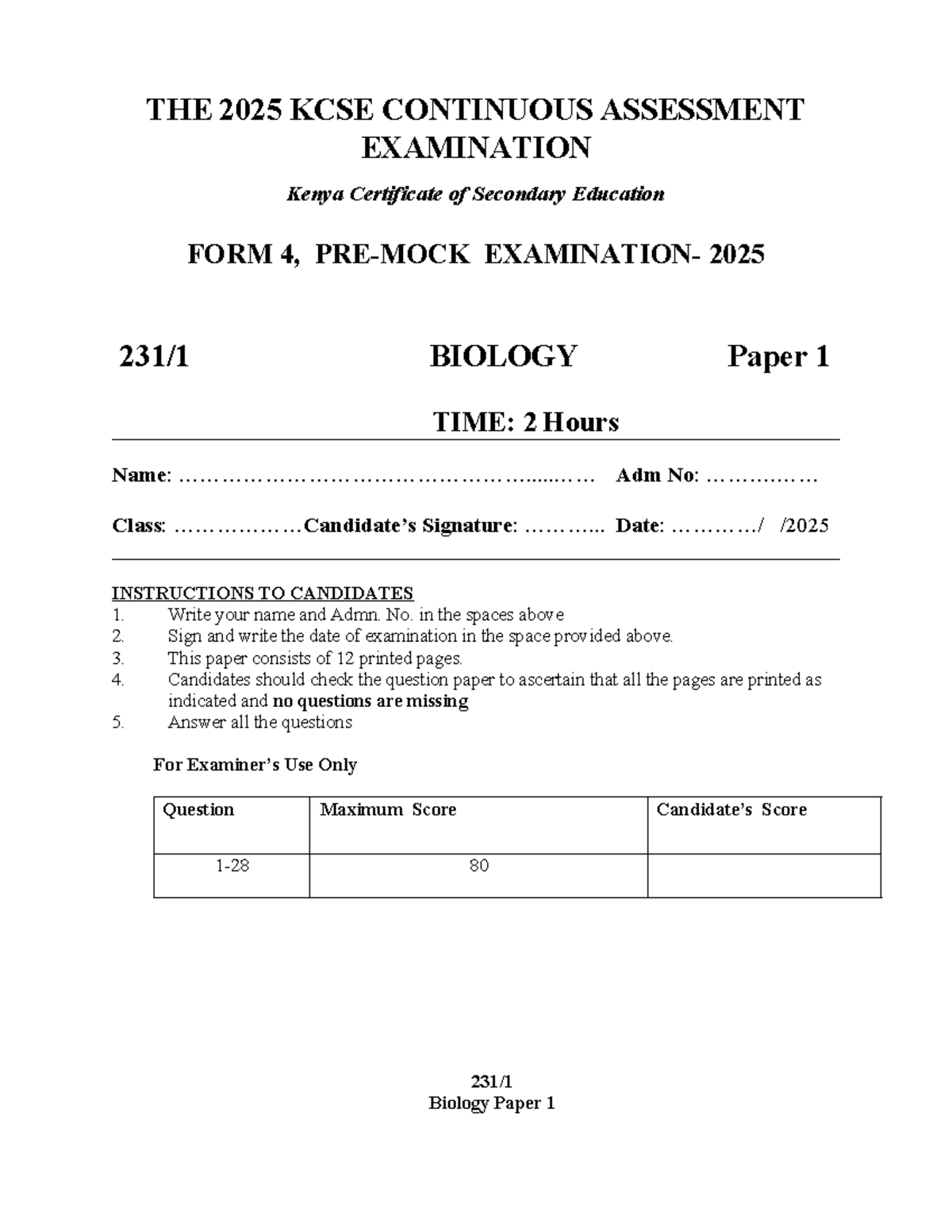 2025 KCSE Biology Paper 1 Continuous Assessment Exam - Studocu