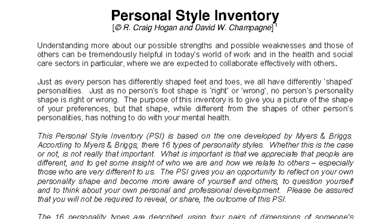 Personal Style Inventory (PSI) Analysis and Interpretation - Studocu