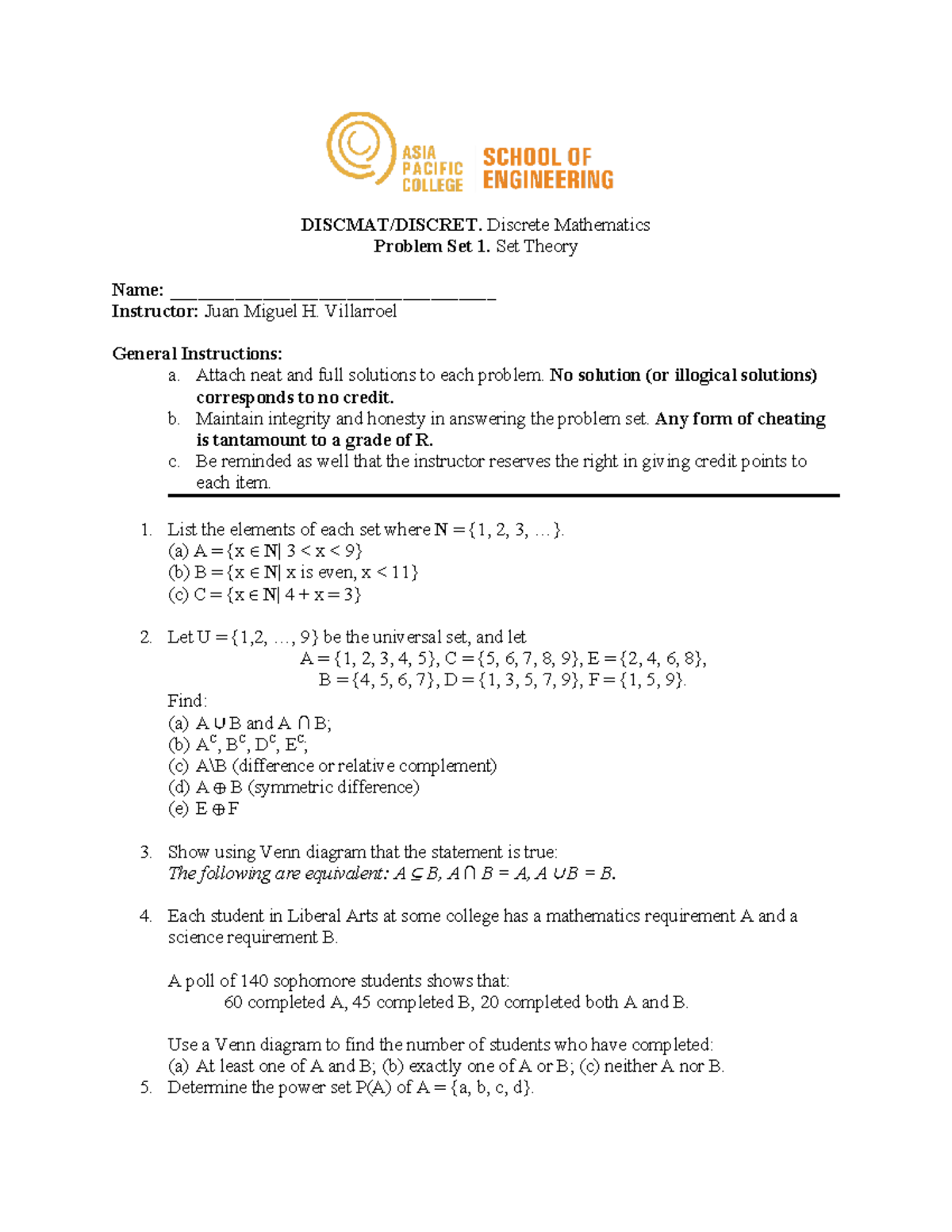 Discmat Discret Problem Set 1 - DISCMAT/DISCRET. Discrete Mathematics ...