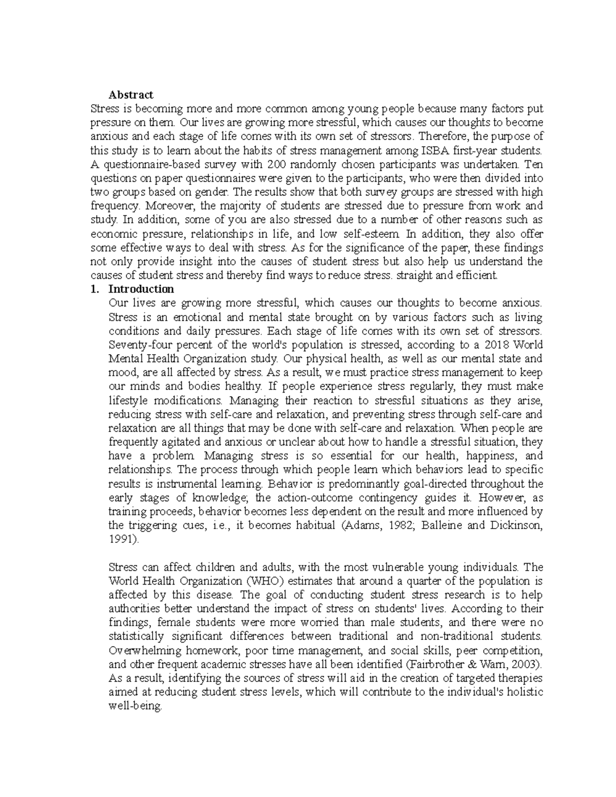 Abstract - essay - Abstract Stress is becoming more and more common ...