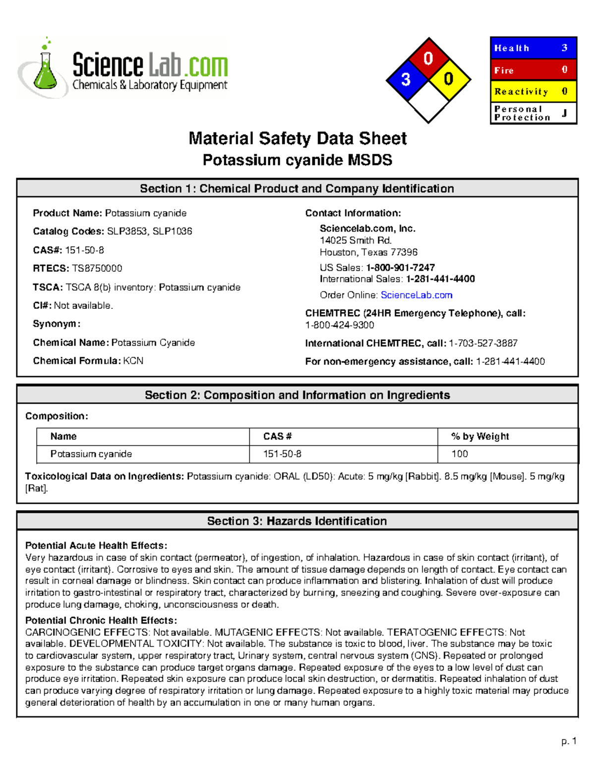KCN 030 Health & Safety MSDS: Potassium Cyanide Overview - Studocu