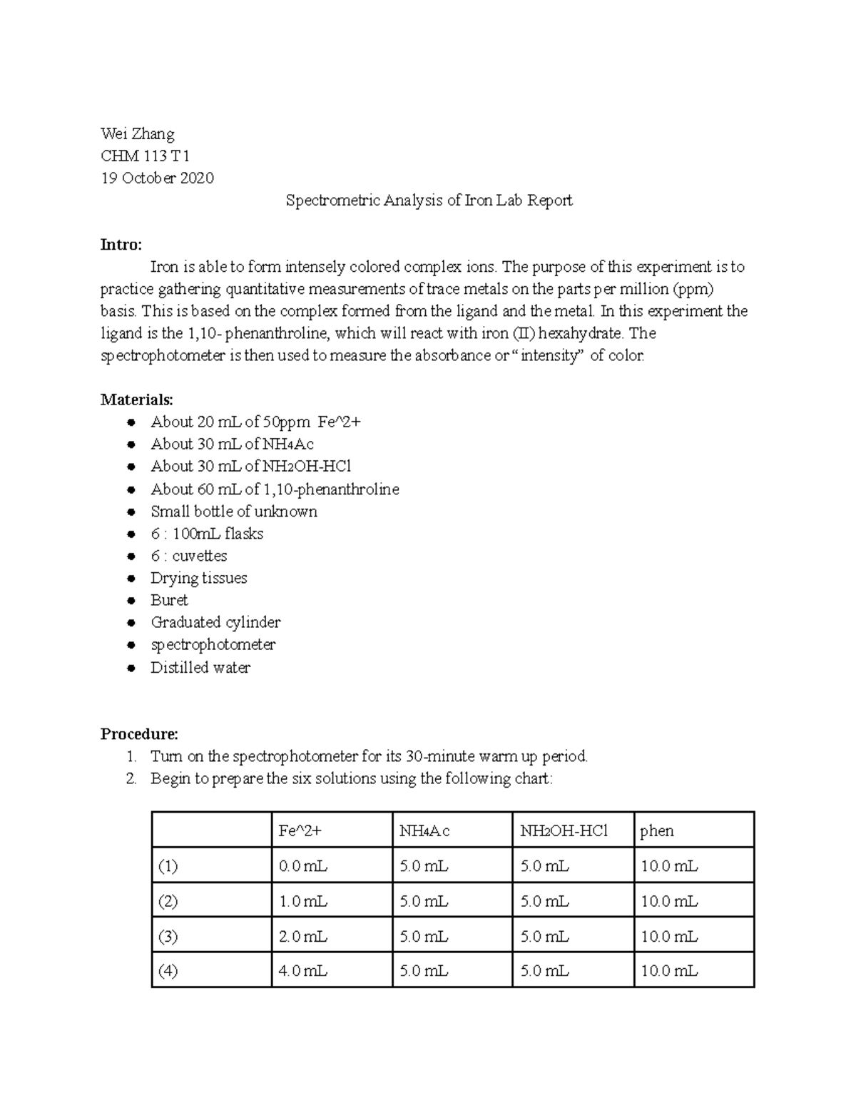 CHM 113 T: Spectrometric Analysis of Iron - Lab Report Insights - Studocu