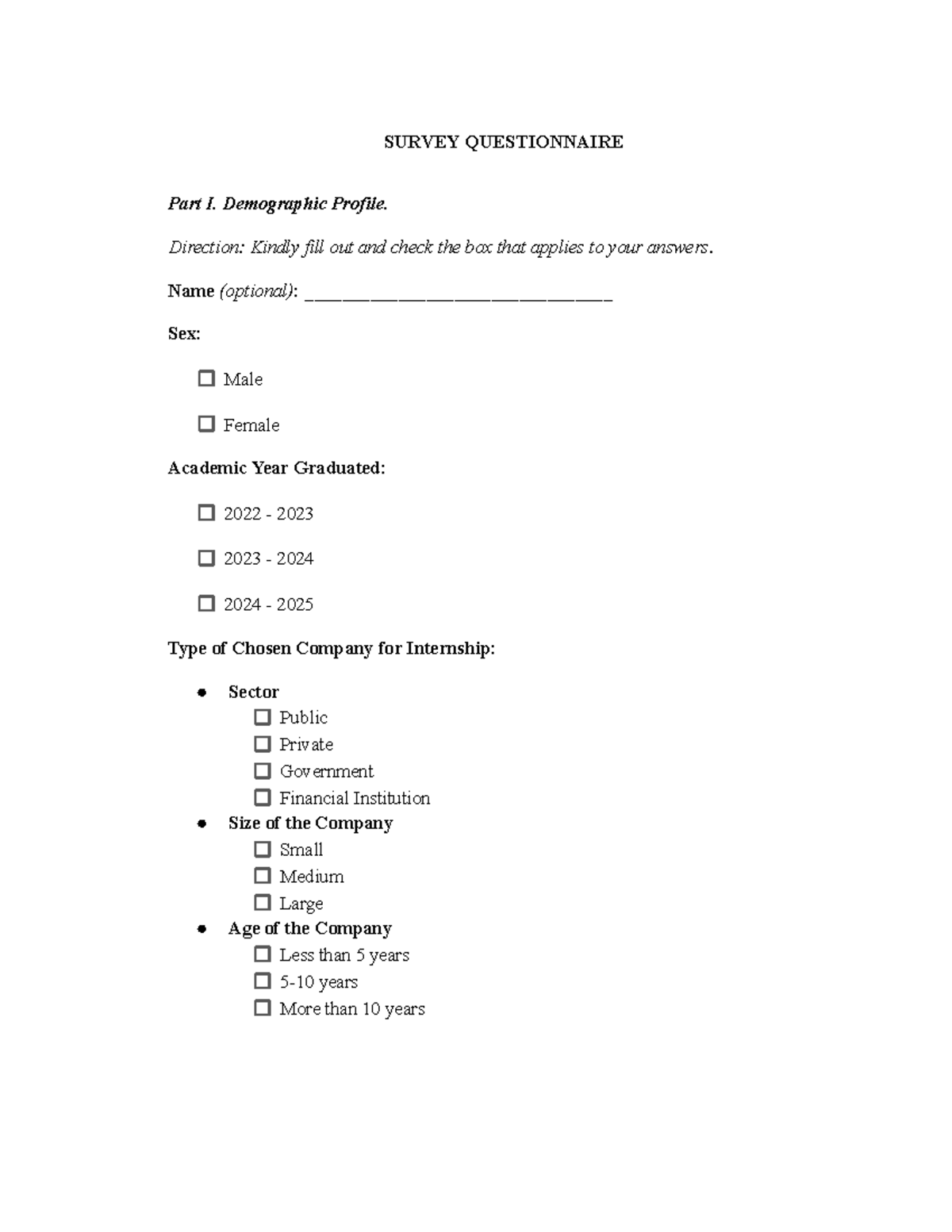 Internship Selection Survey Questionnaire: Demographic & Influencing ...