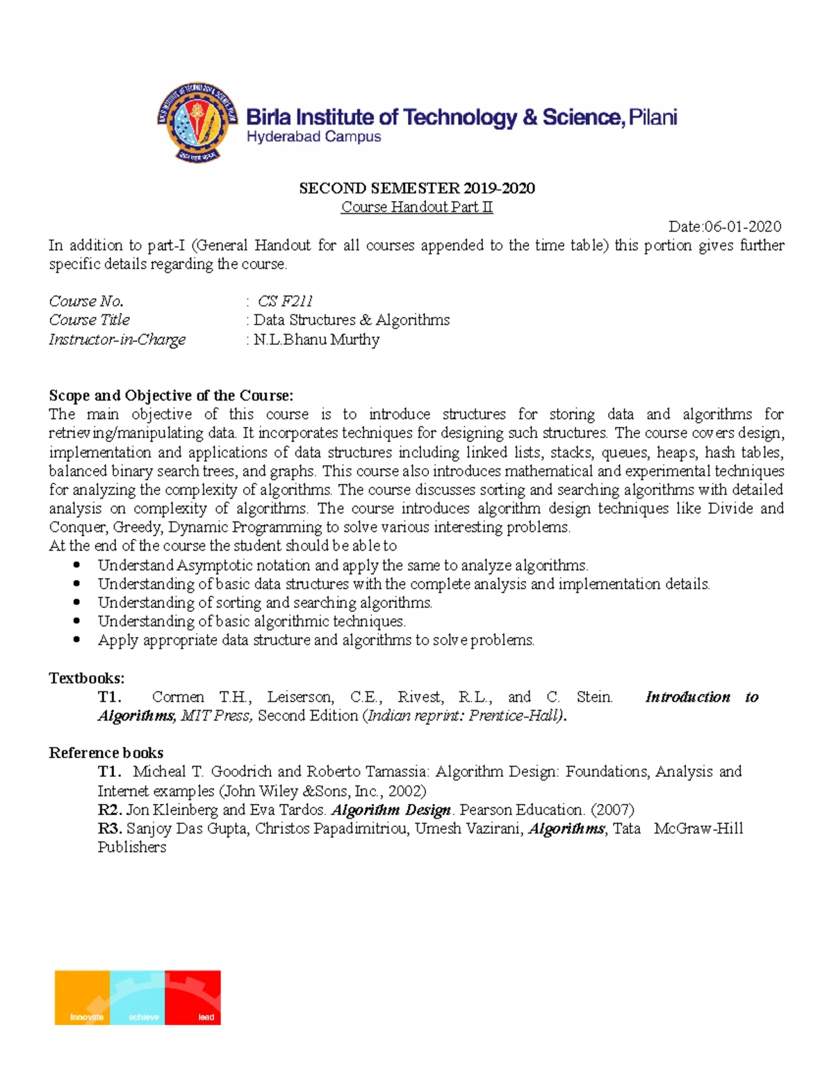 CS-F211-Handout - het wt hwrtrw gew - Birla Institute of Technology and Science, Pilani ...