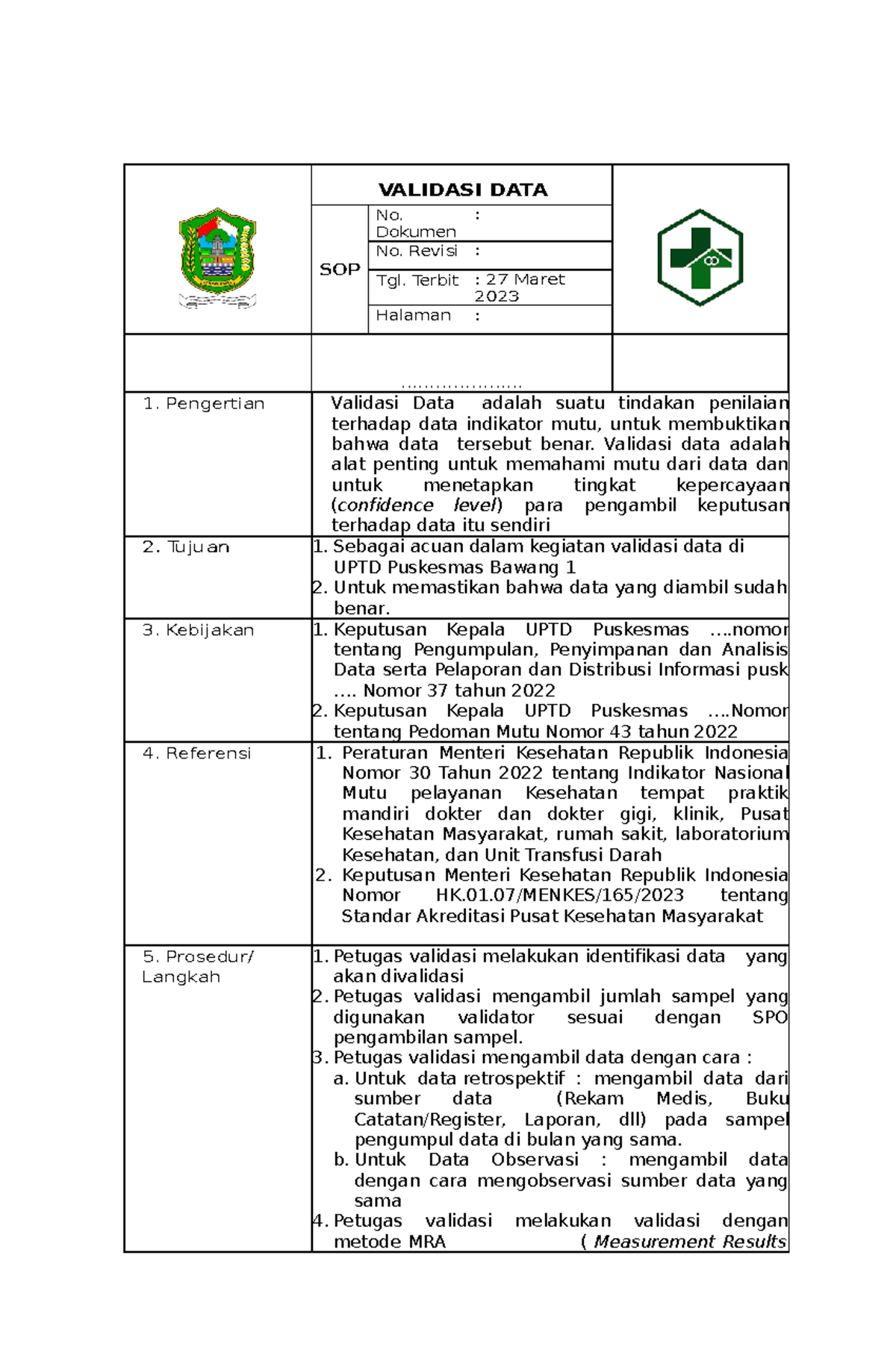SOP Validasi Data UPTD Puskesmas Bawang 1 - 27 Maret 2023 - Studocu