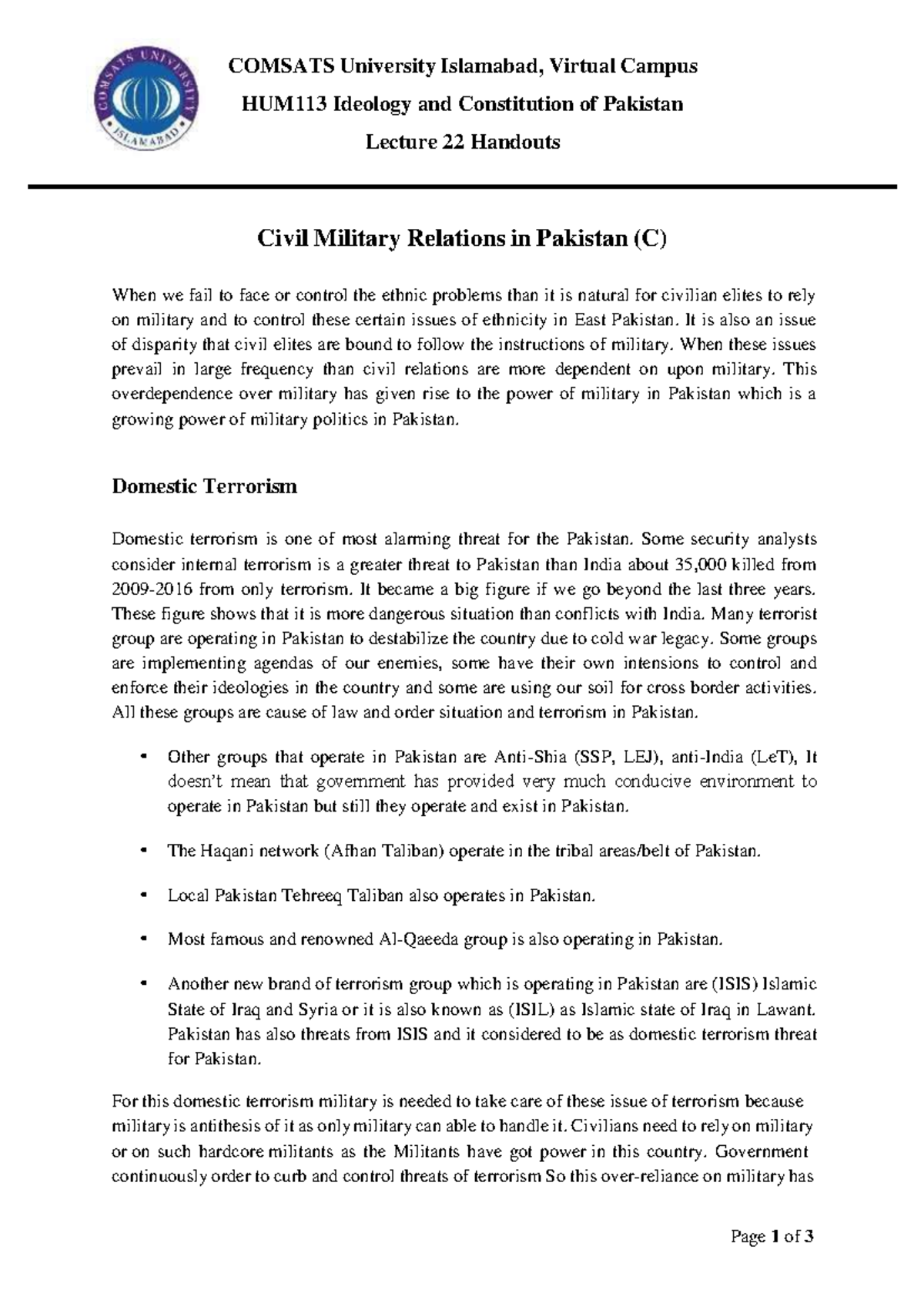 HUM113 Lecture 22 Handouts: Civil-Military Relations in Pakistan - Studocu