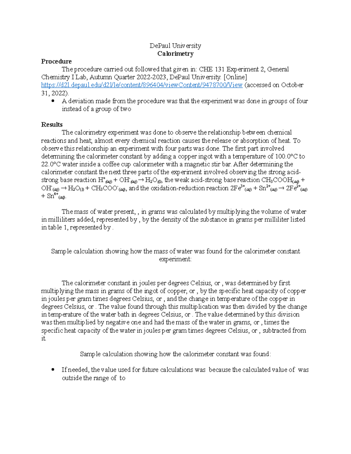 Calorimetry Experiment Report: CHE 131 Lab, Autumn 2022-2023 - Studocu
