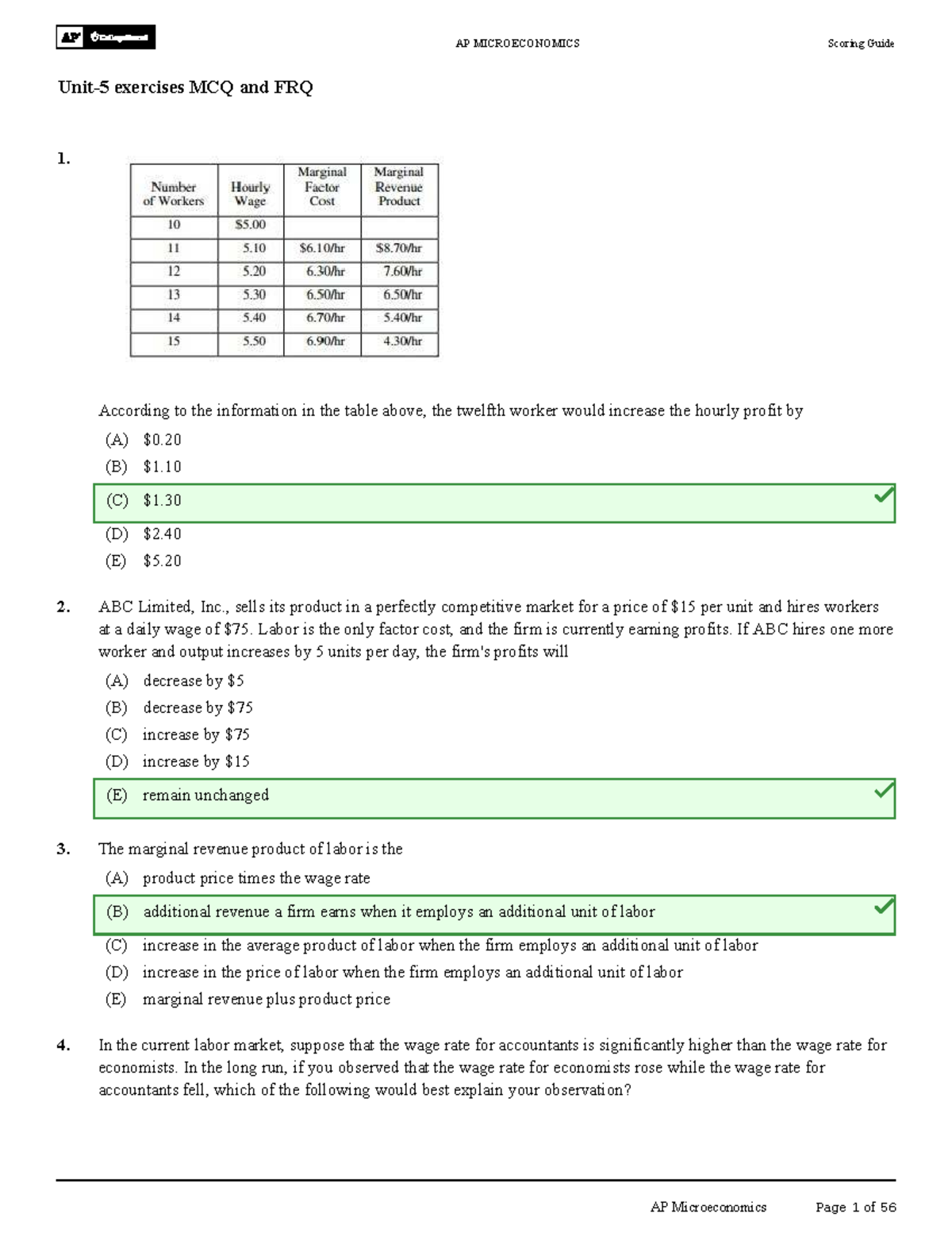 AP MICROECONOMICS Scoring Guide: MCQ & FRQ Exercises - Studocu