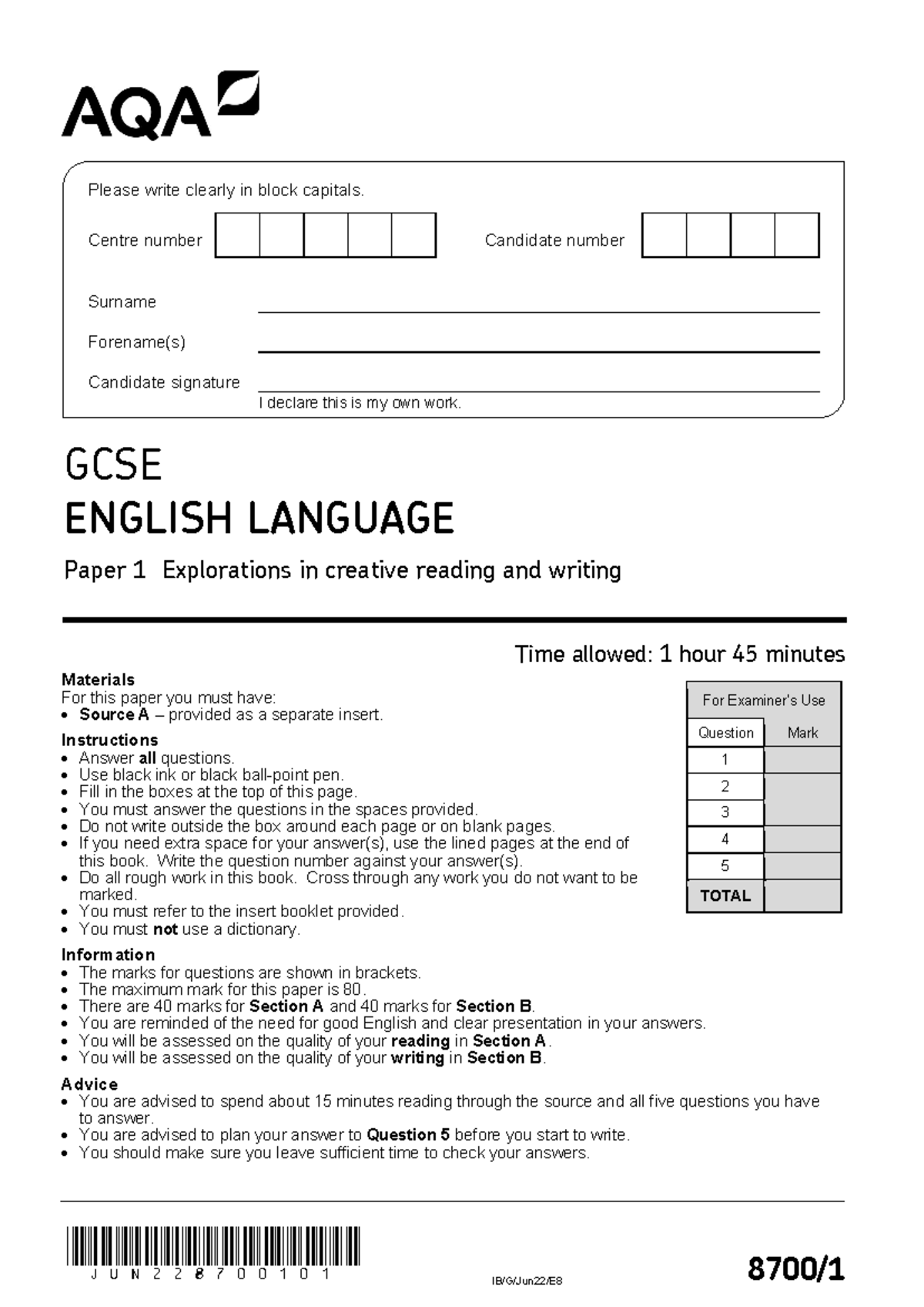 GCSE ENGLISH LANGUAGE Paper 1: Creative Reading & Writing (June 2022 ...