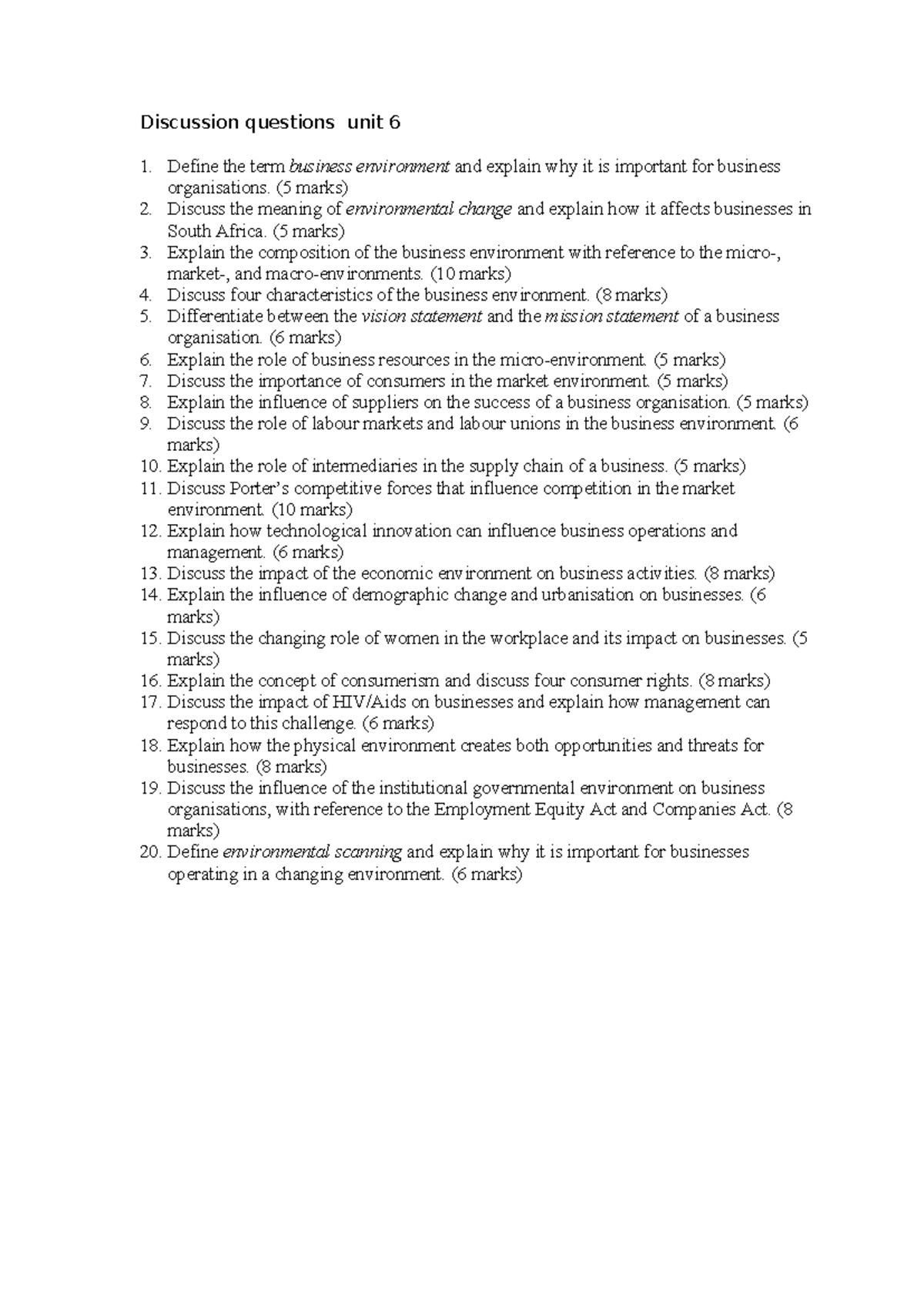 Discussion Questions: Business Environment - Unit 6 - Studocu