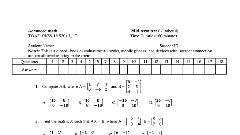 Advanced Math Test (Ca2 4-6) - Number 4 & 6 Exam Questions - Studocu